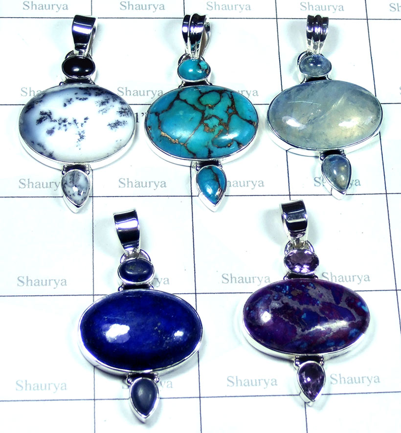 5 Pcs Sterling silver gems Pendants - SYP053, Handcrafted Artisan ...